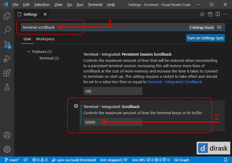  VS Code Change Terminal Scroll History Size scrollback Buffer height Dirask